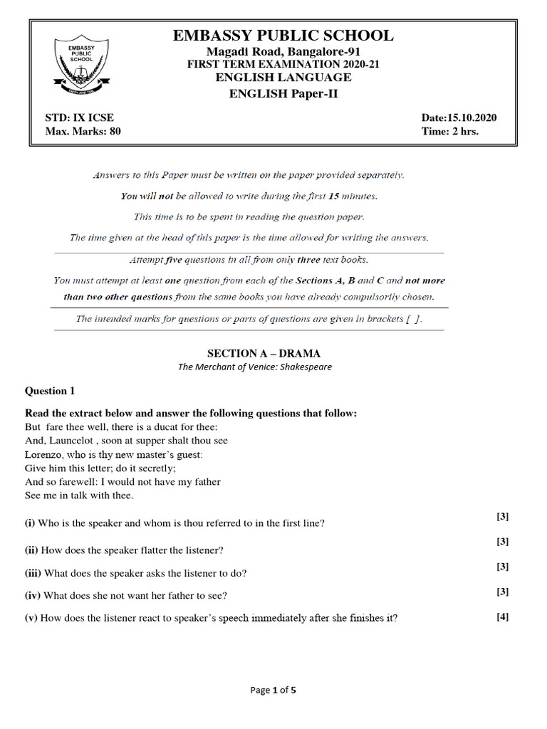 Class 9 Mid Term Examination English Ii | PDF | The Merchant Of Venice | Plays Adapted Into Films