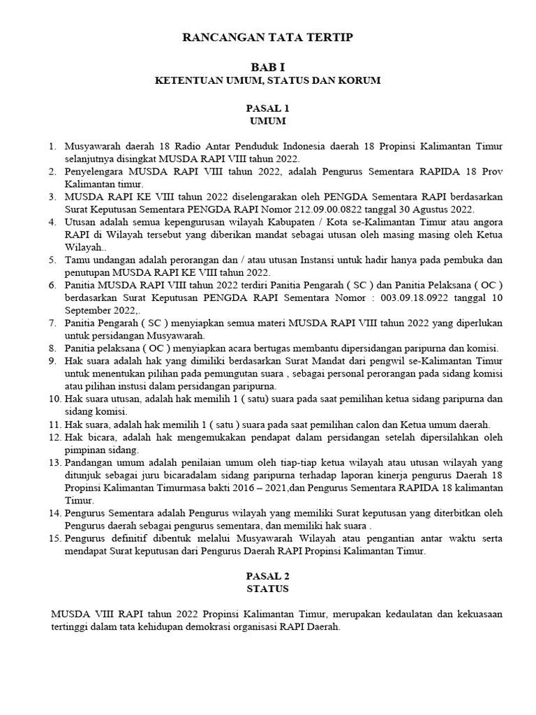 Tata Tertib MUSDA RAPI VIII 2022 | PDF