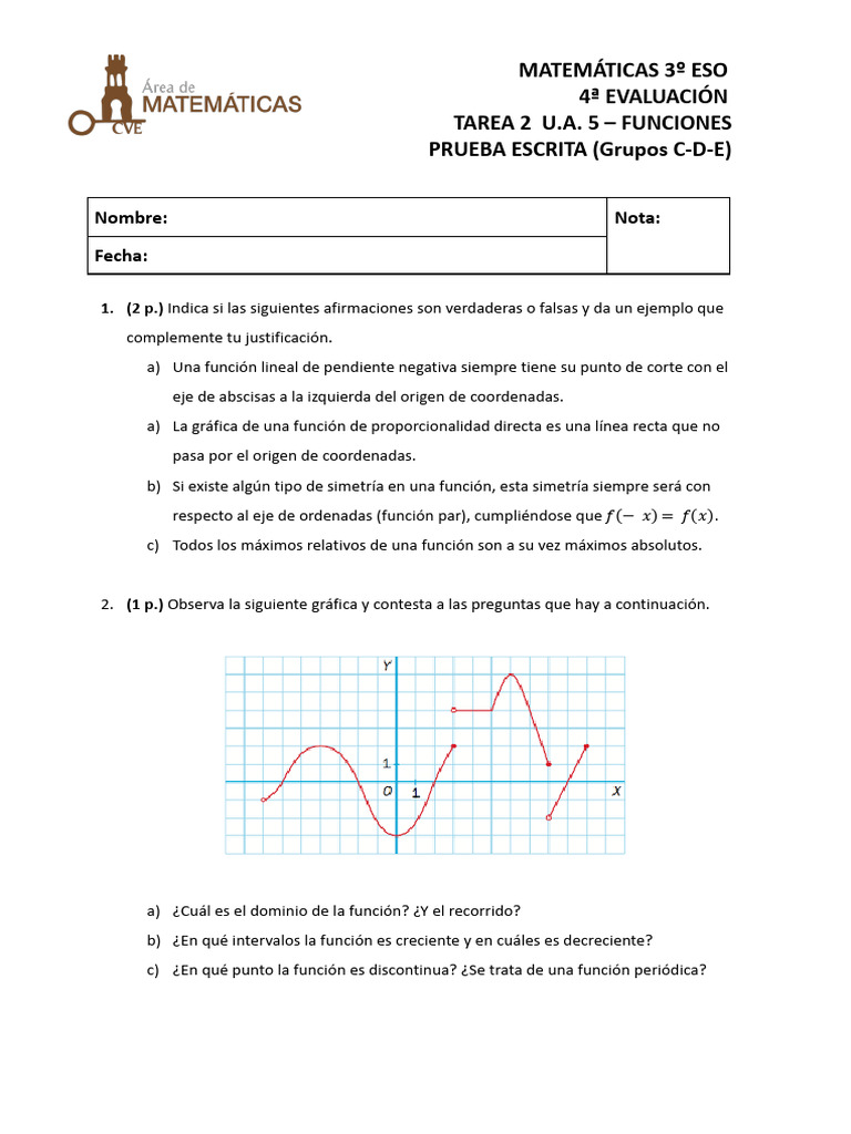3º ESO - 4ª EV - U.A.5 - FUNCIONES - GRUPOS C,D,E | PDF | Línea (geometría) | Función (Matemáticas)