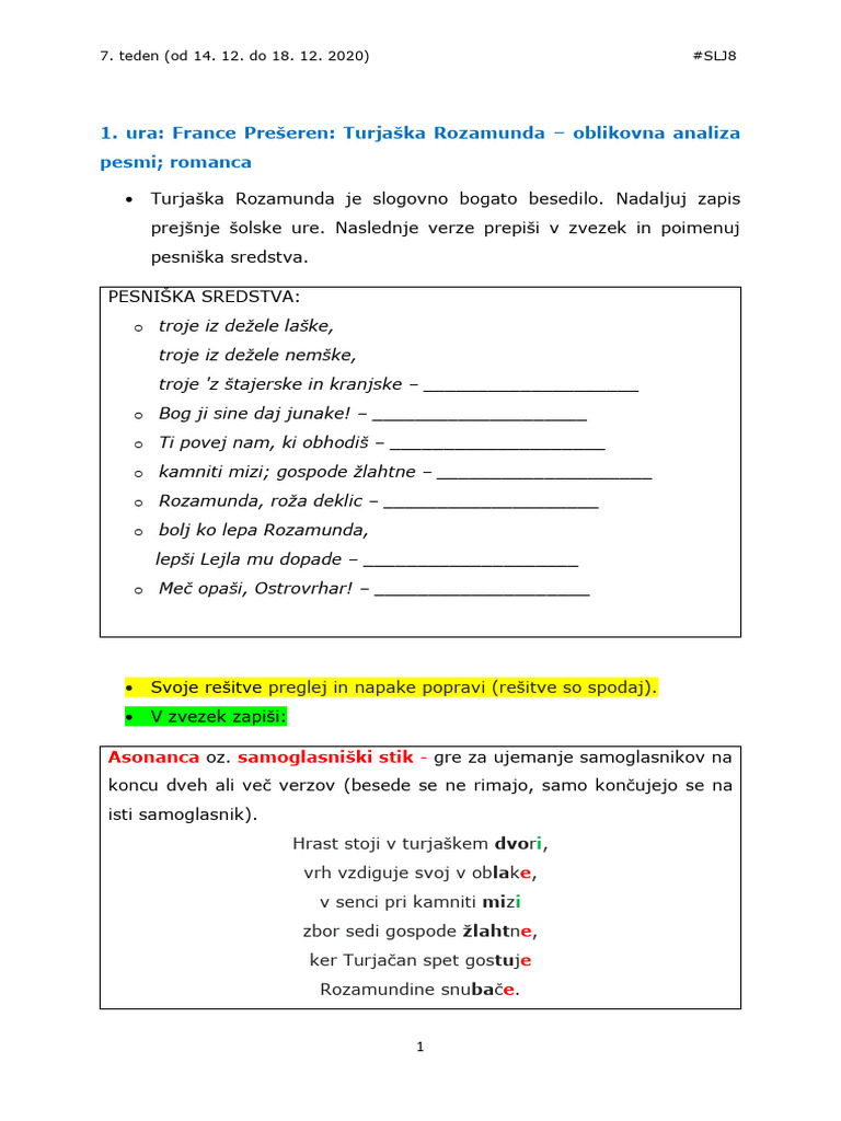 SLJ, 8. Razred, 8. Teden, 1. Ura | PDF