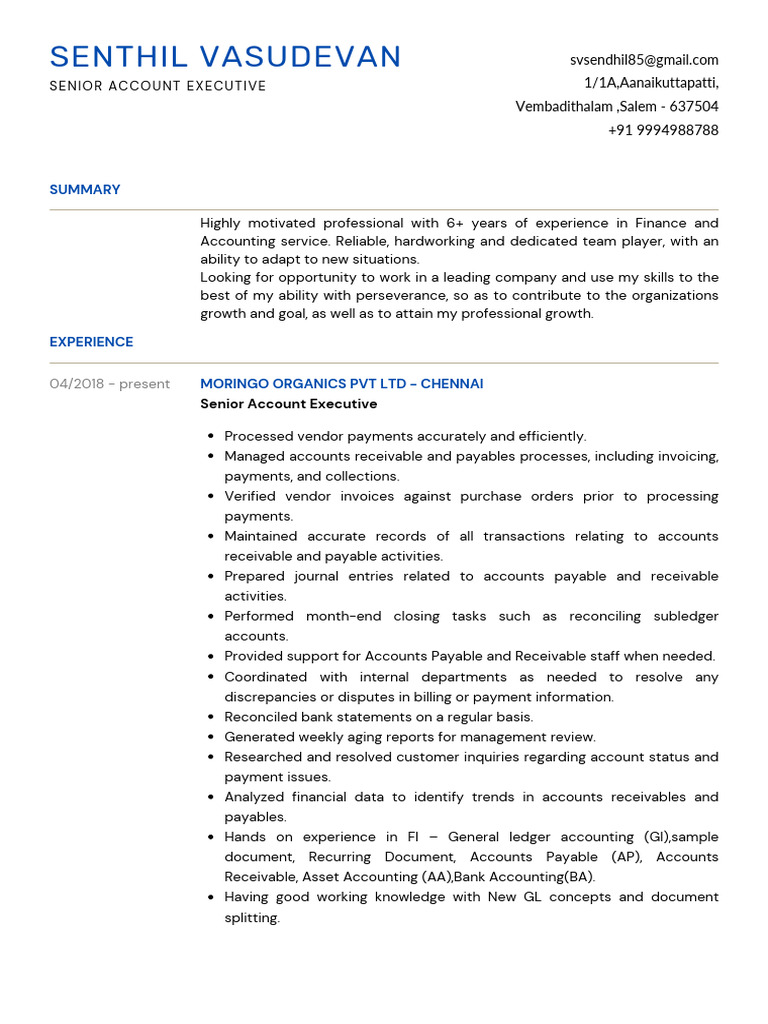 Senthil Vasudevan Resume | PDF | Accounts Payable | Accounting
