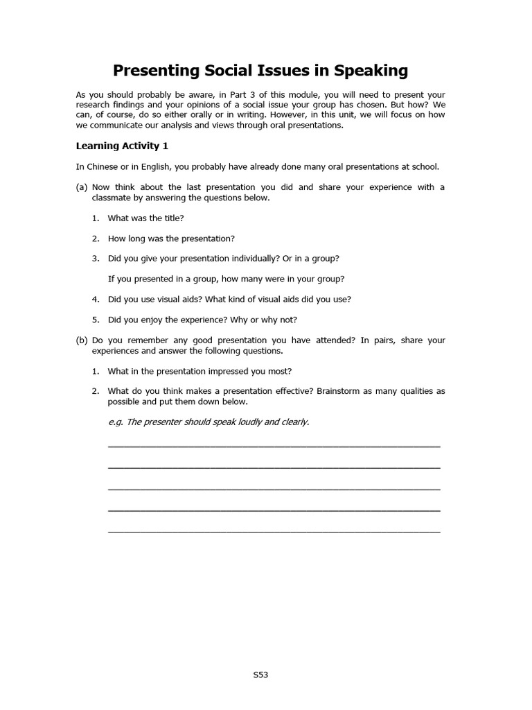 Presenting Social Issues in Speaking | PDF | Internet | Self Esteem