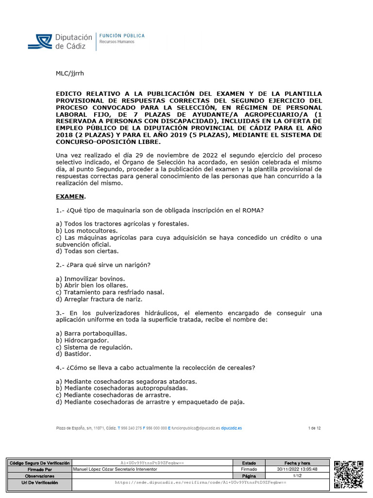 Examen y Plantilla Provisional Respuestas Correctas 2 Ejercicio | PDF | Vacas | Pasto