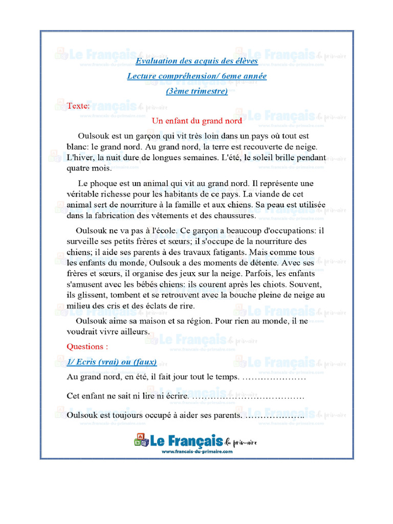 Examen de Lecture 6ème Année Trimestre 3 - Le Français Du Primaire | PDF