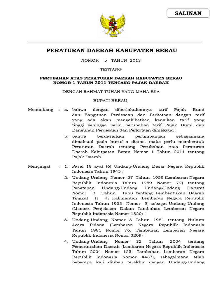 Perda Nomor 5 Tahun 2013 Tentang Perubahan Atas Perda Nomor 1 Tahun 2011 Tentang Pajak Daerah | PDF