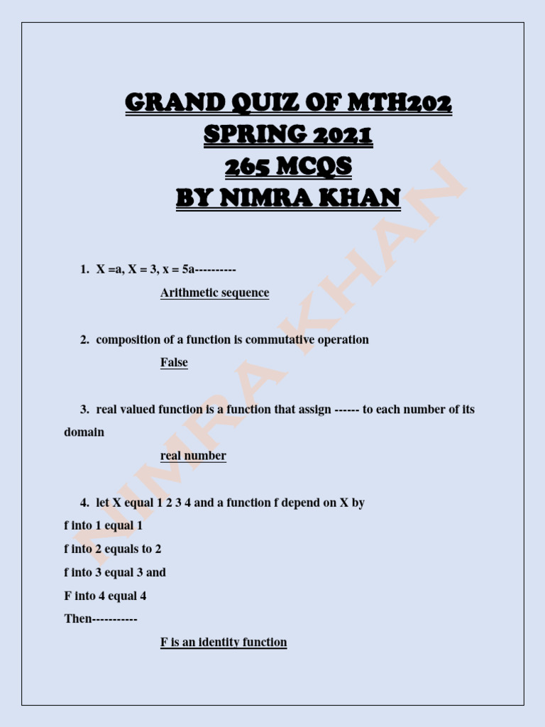MTH202 Mid MCQs Mega File | PDF | Function (Mathematics) | Set (Mathematics)