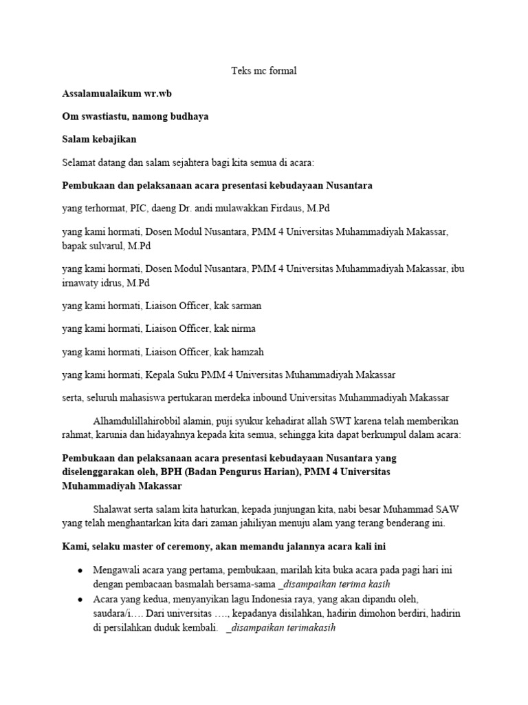 Teks Mc Formal, Pembukan Dan Pelaksanaan Kegiatan Presentasi Kebudayaan ...