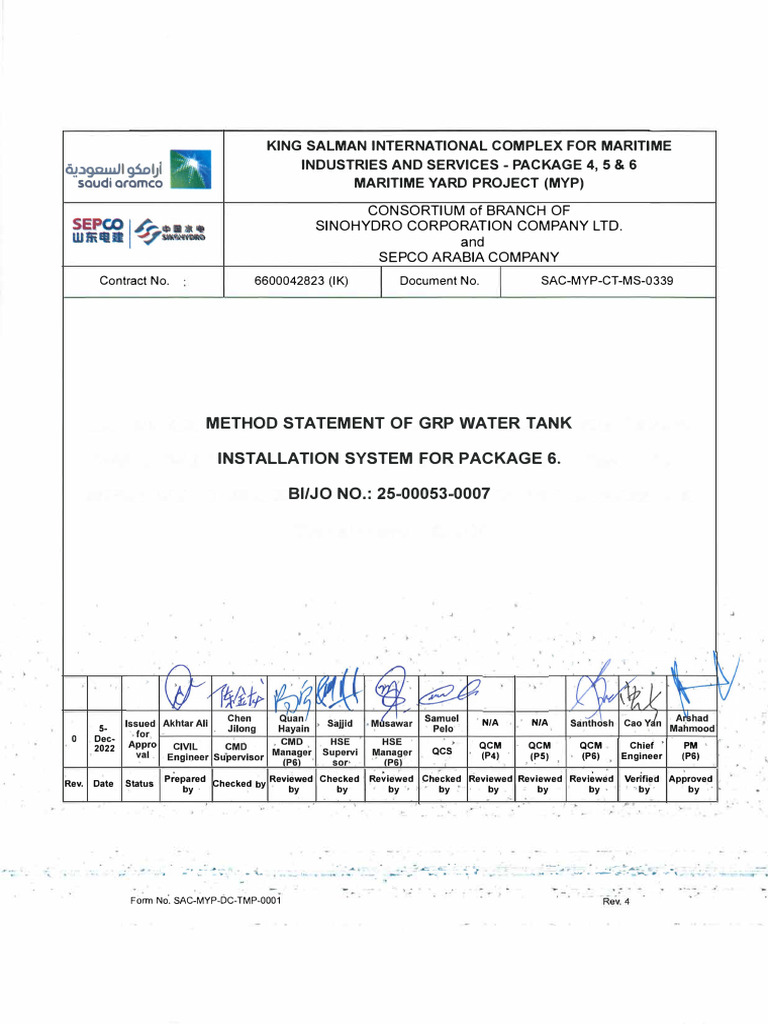 GRP Water Tank Installation Method Statement | PDF | Screw | Fiberglass