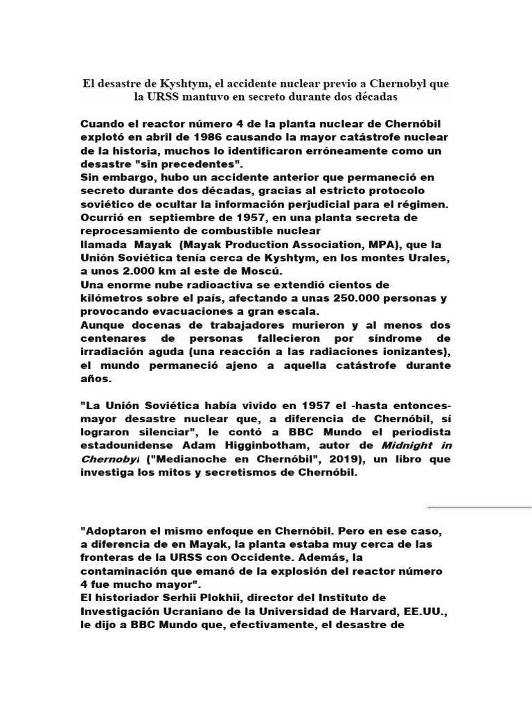 El Desastre de Kyshtym | PDF | Desastre de Chernobyl | La energía nuclear