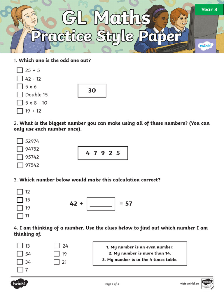 Year3 GL Style Maths Practice Paper Printable | PDF