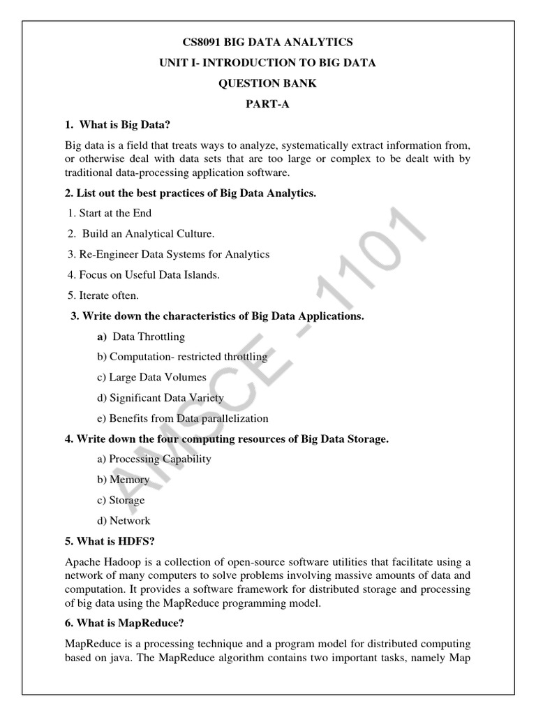 Cs8091 Bigdata Analytics Question Bank | PDF | Apache Hadoop | Big Data