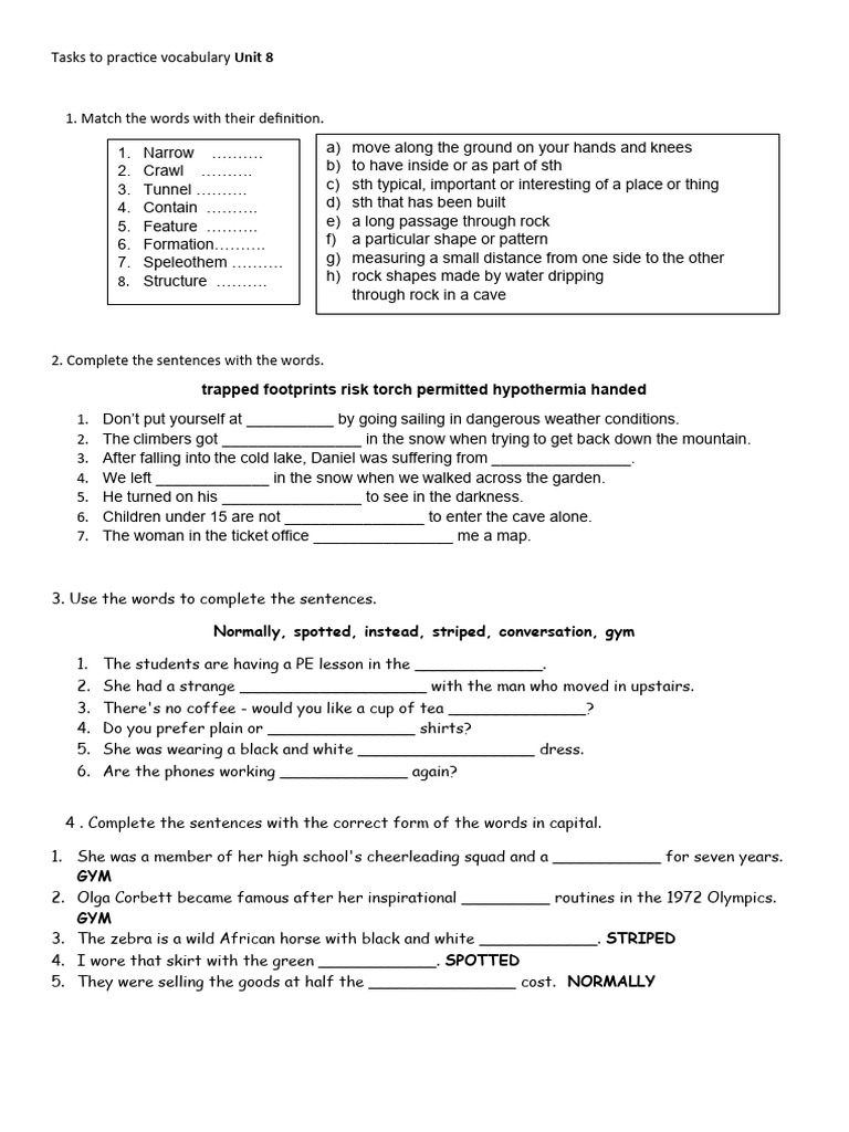 Vocabulary Practice Tasks Unit 8 | PDF