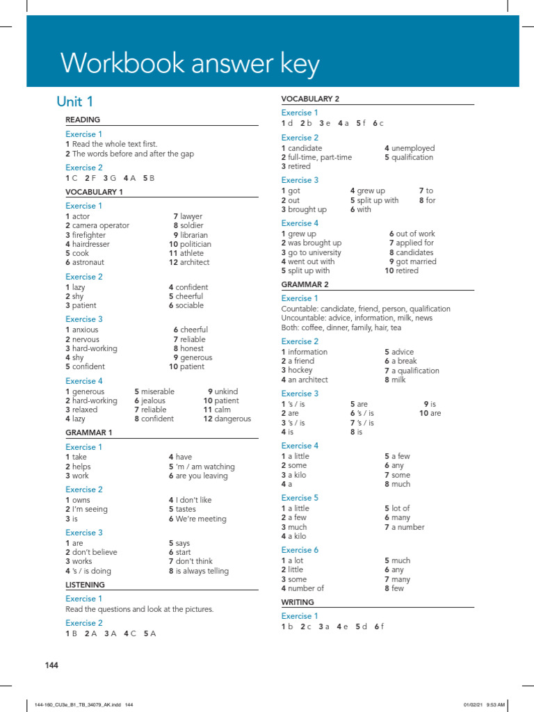Workbook Answer Key b1 2 | PDF | Waiting Staff