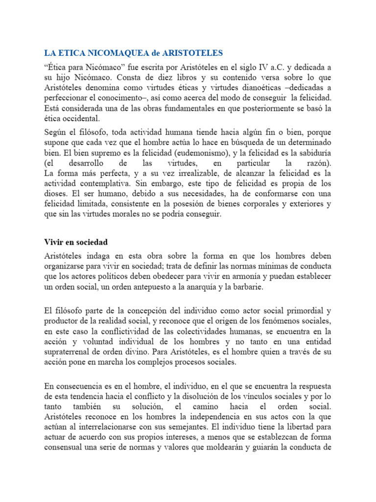 LA ETICA NICOMAQUEA de ARISTOTELES | PDF | Virtud | Aristóteles