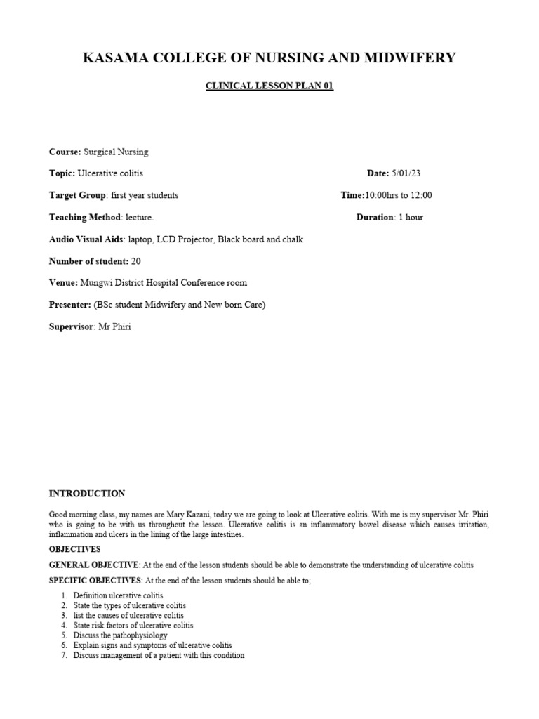 Ulcerative Colitis Lesson Plan | PDF | Ulcerative Colitis | Medical ...