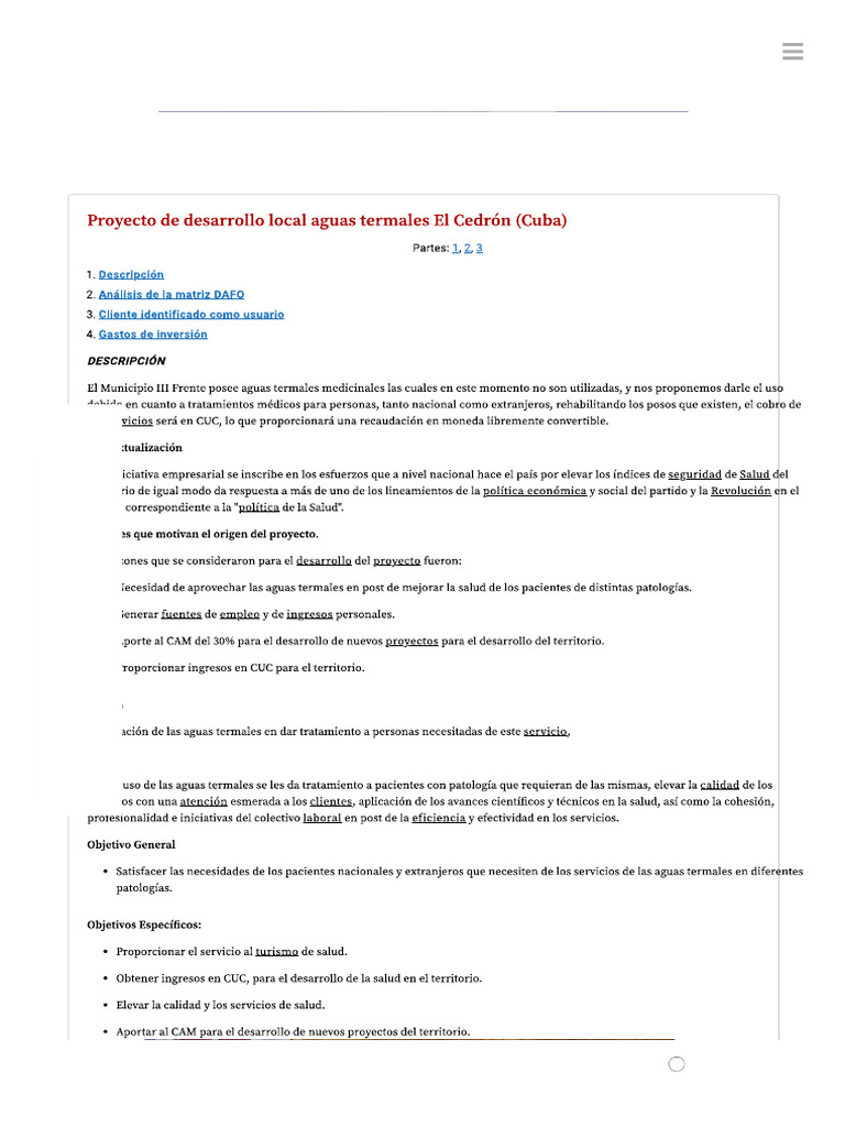 Royecto de Desarrollo Local Aguas Termales El Cedrón (Cuba) | PDF