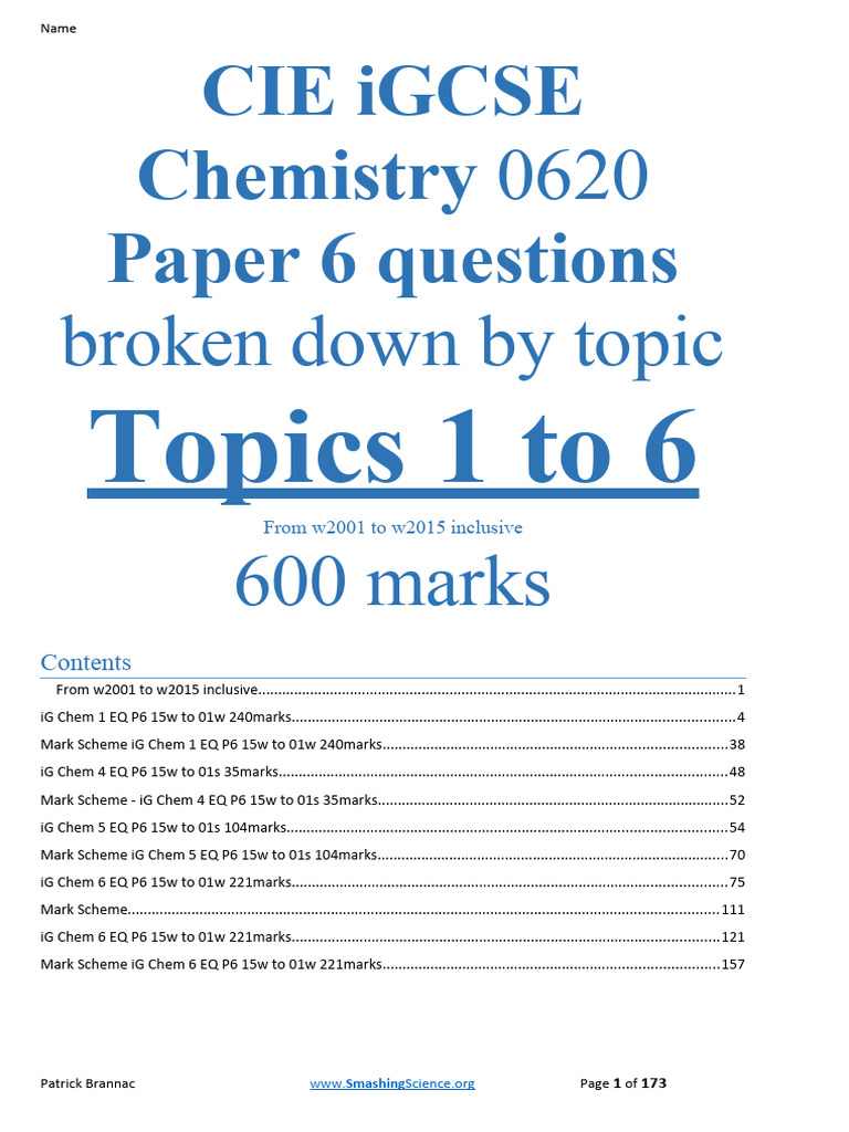IG Chem 1 To 6 EQ P6 15w To 01w Revision Pack 4students 600marks 164Pgs | PDF