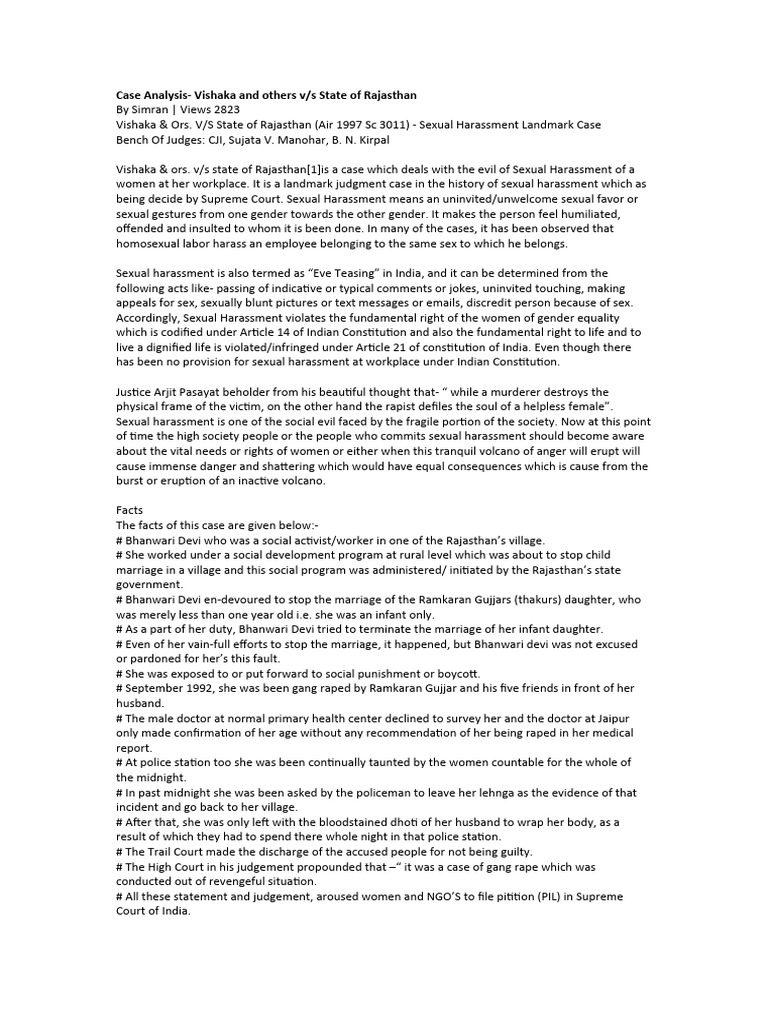 Vishakha Case Analysis | PDF | Sexual Harassment | Justice