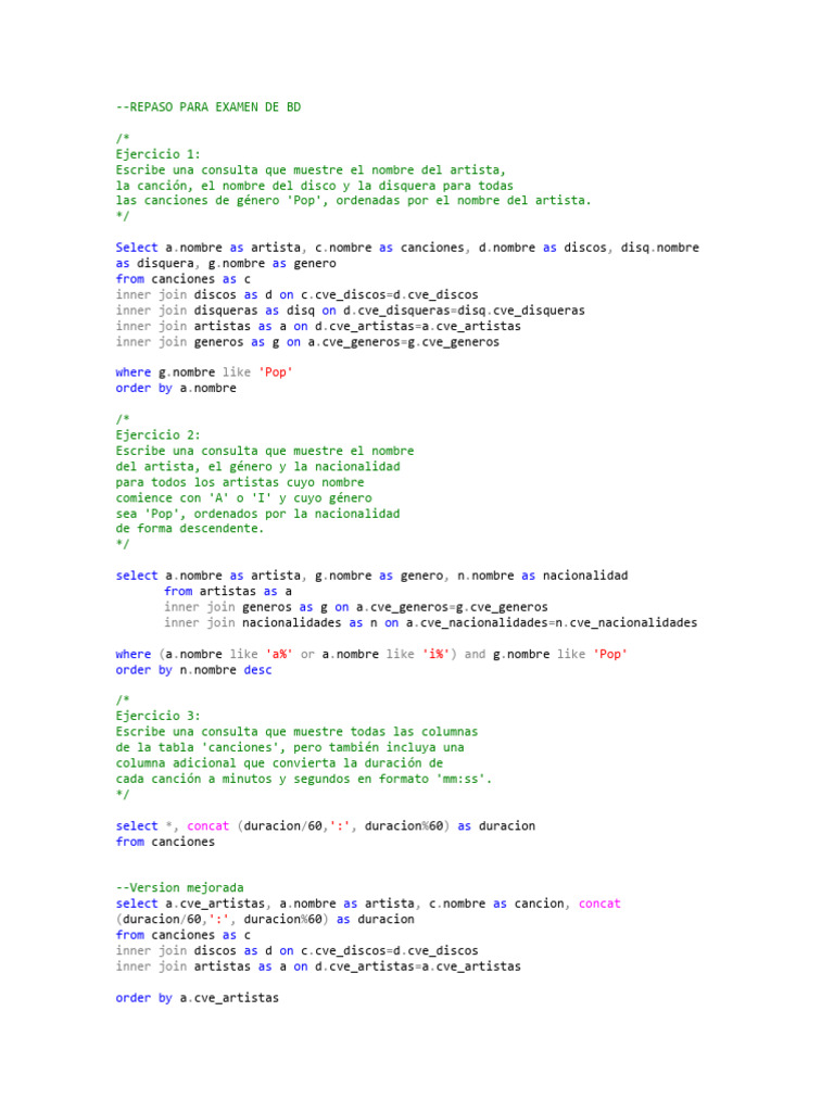 Repaso de Consultas SQL para BD | PDF | Bases de datos | Software de gestión de datos