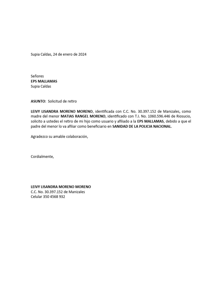 Solicitud de retiro de EPS Mallamas | PDF