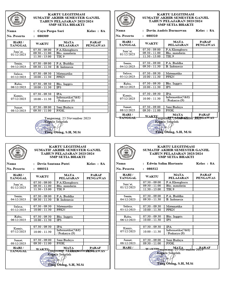 Kartu Legitimasi 8A (Absensi 9-12) - PAS Ganjil 2023-2024 | PDF