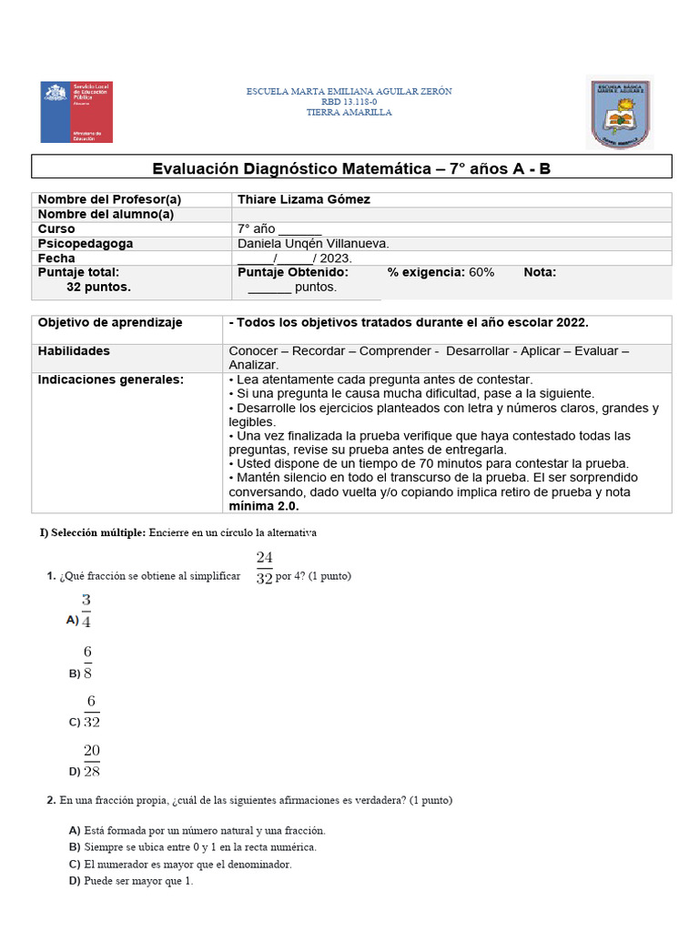 Evaluación de Diagnóstico - 7° Básico - Matemática | PDF | Notación ...