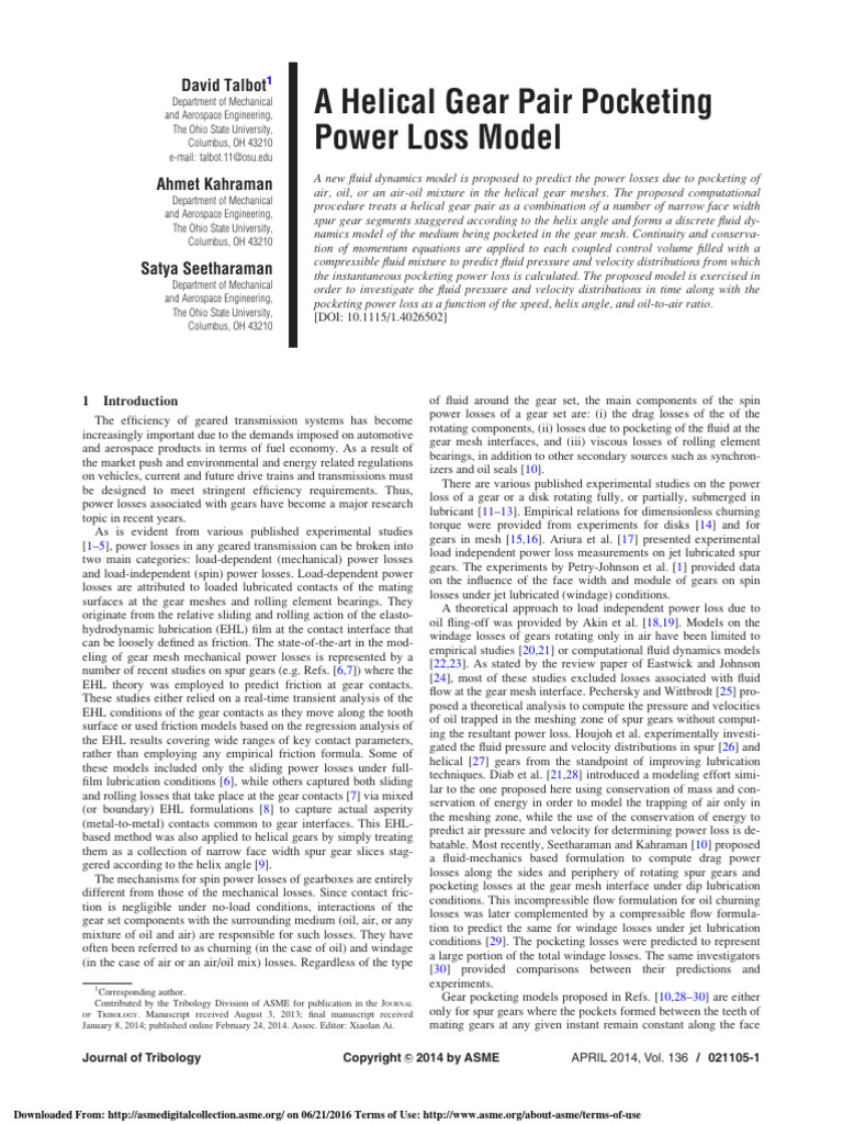 A Helical Gear Pair Pocketing Power Loss Model | PDF | Gear | Friction
