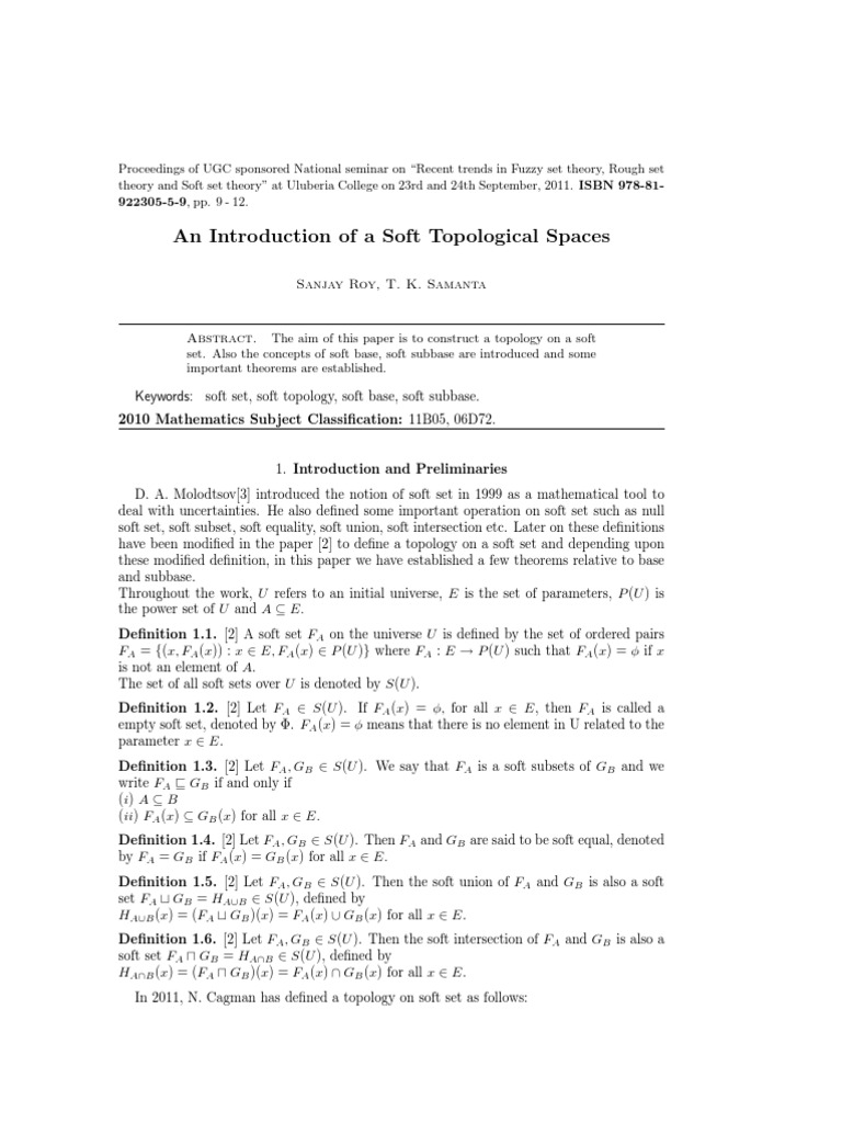 An Introduction of A Soft Topological Spaces | PDF | Set (Mathematics) | Topology