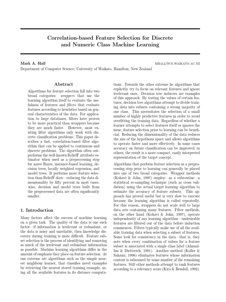 Correlation-Based Feature Selection For Discrete and Numeric Class Machine Learning | PDF ...