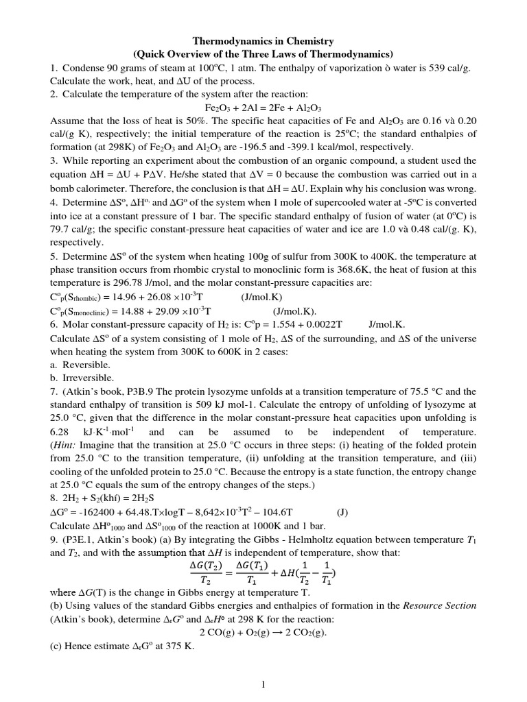 Exercises-Chapter 1 - Thermodynamic1 - Applications of The Three Laws | Download Free PDF | Heat ...