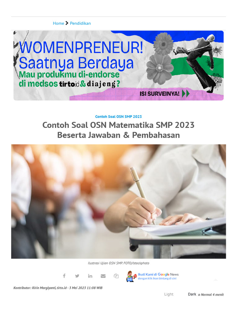 Contoh Soal OSN Matematika SMP 2023 Beserta Jawaban & Pembahasan | PDF