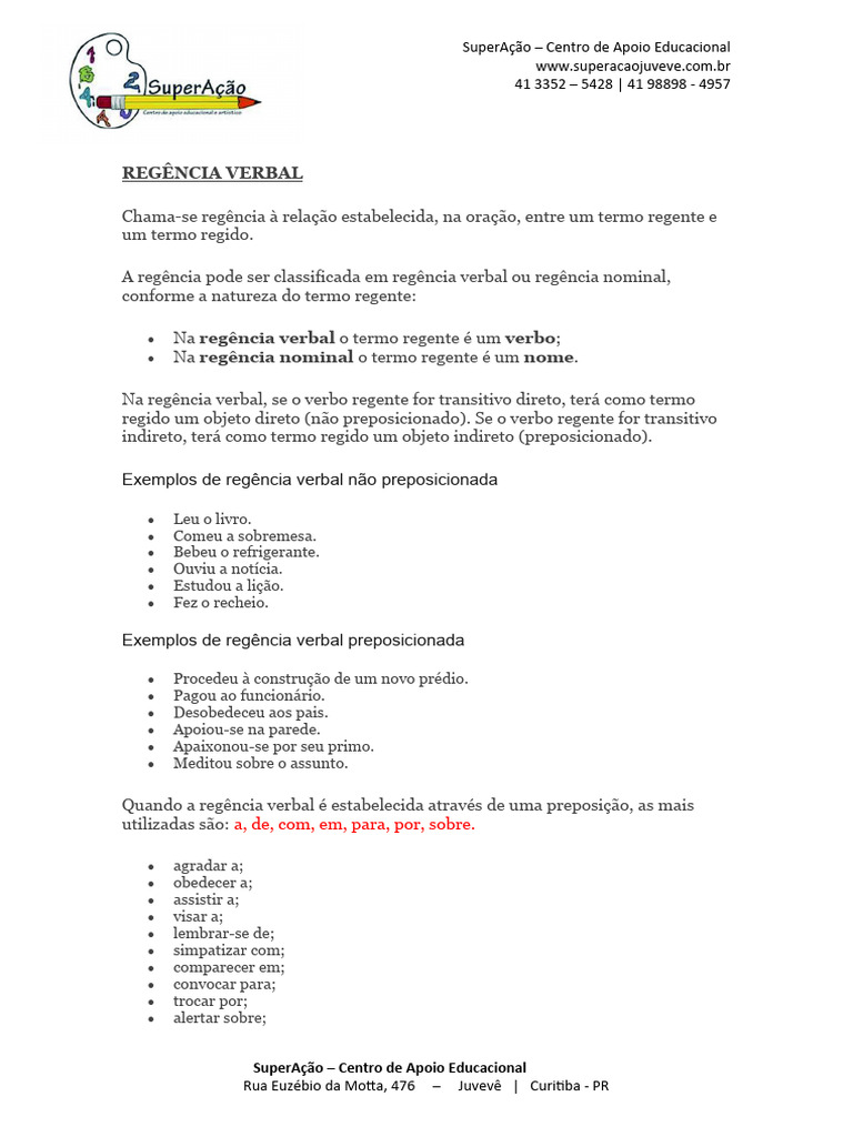 Regência Verbal | PDF | Objeto (gramática) | Relações sintáticas