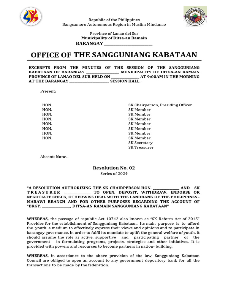 SK Resolution Opening Bank Account DITSAAN 1 | PDF | Government