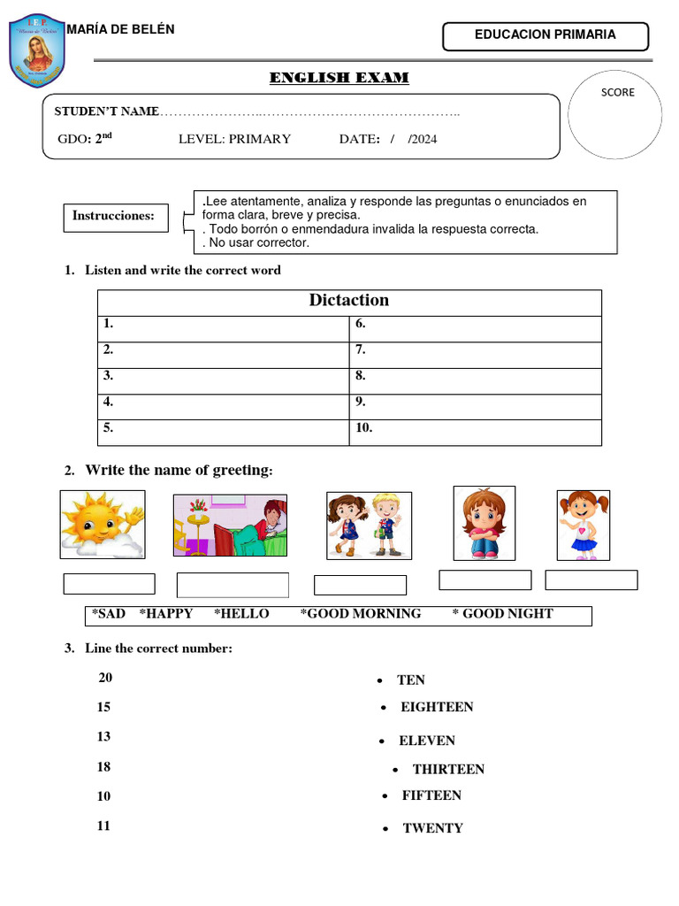Primary English Exam for Students | PDF