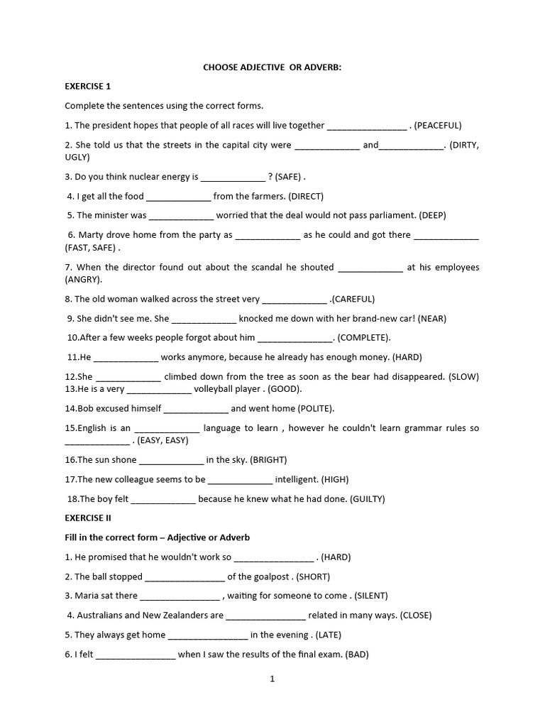 Adjectives, Adverbs - Exercises | PDF