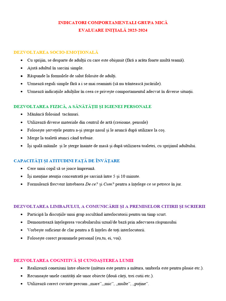 Evaluare Initiala 2023-2024 - Indicatori Comportamentali | PDF