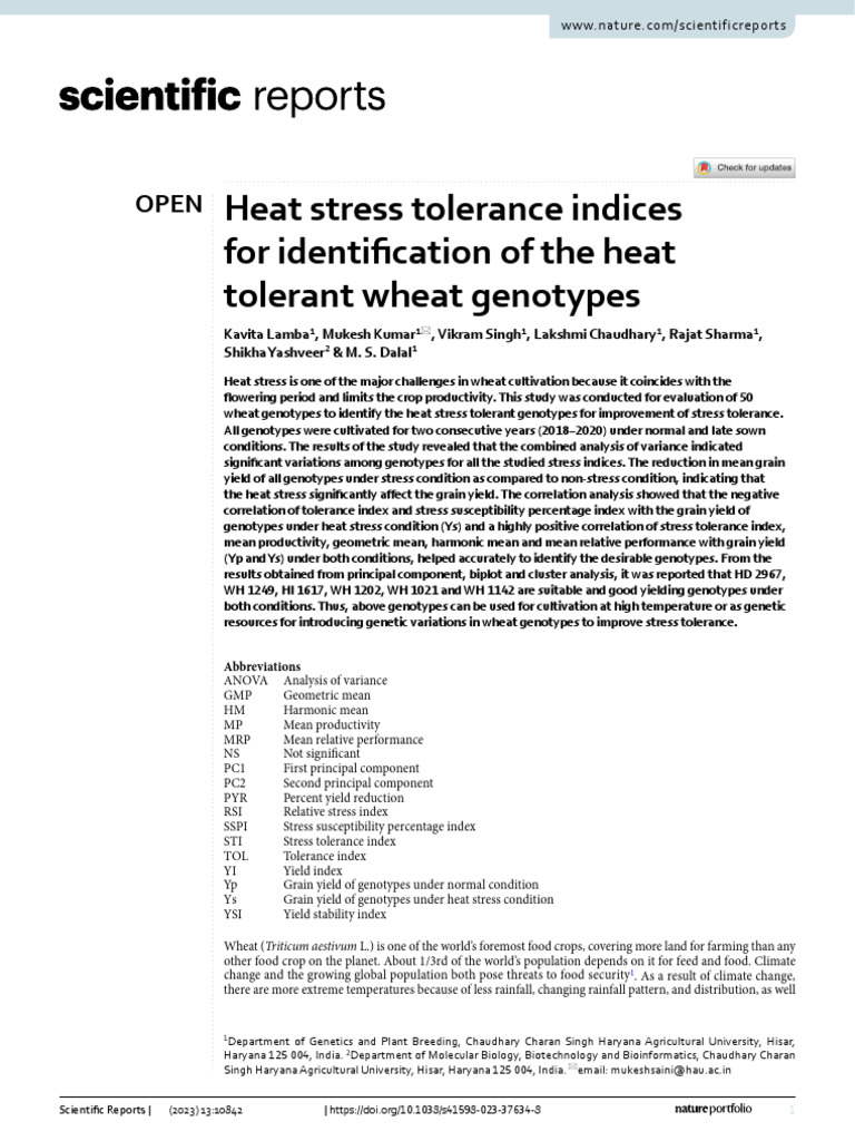 Heat Tolerance Indices Wheat | PDF | Plant Breeding | Wheat