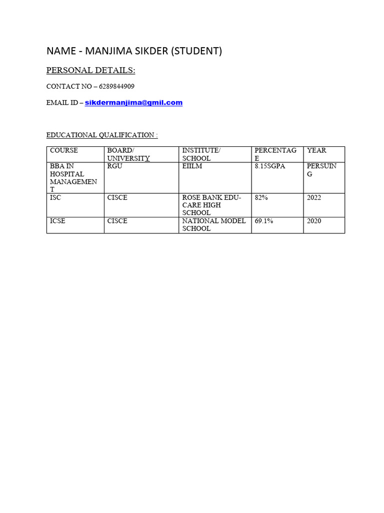 Manjima Sikder's Education Profile | PDF