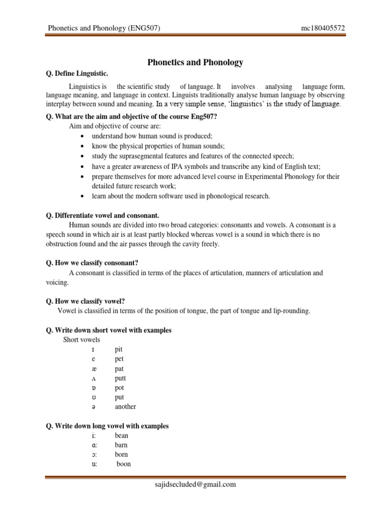 ENG507 Short Notes | PDF | Stress (Linguistics) | Phonetics