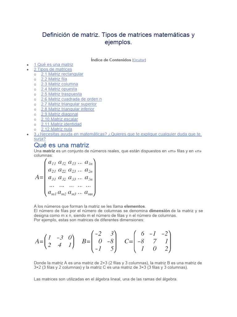 Definición de Matriz. Tipos de Matrices Matemáticas y Ejemplos | PDF ...