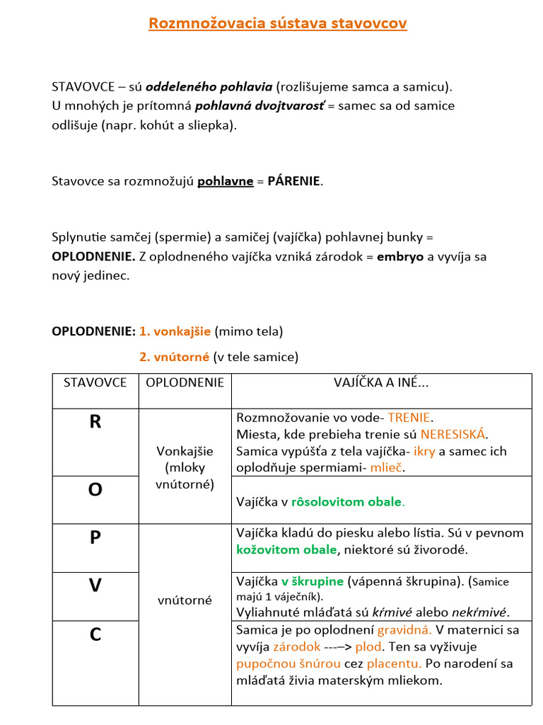 Rozmnožovacia Sústava Stavovcov - Poznámky | PDF
