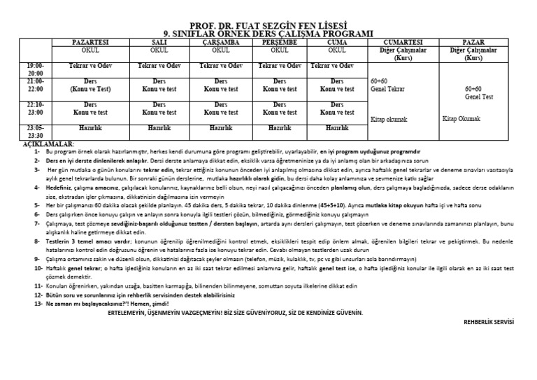 FSFL Ornek Ders Calisma Programi 9 | PDF