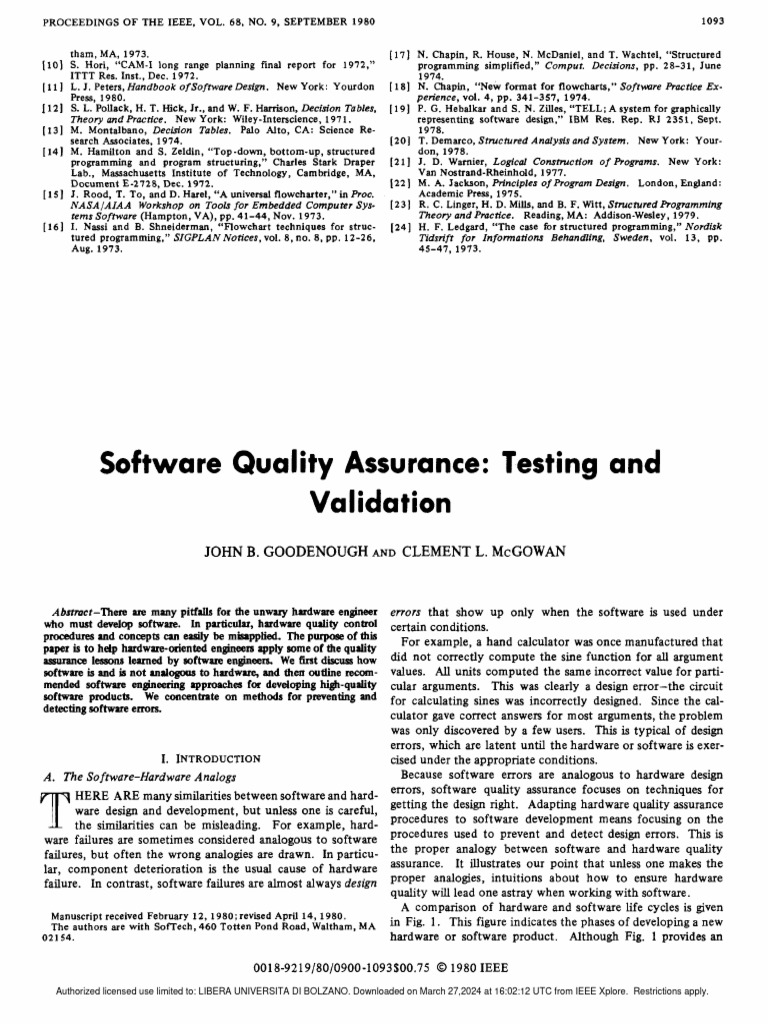 1980 IEEE Software Quality Assurance Testing and | PDF | Computer ...