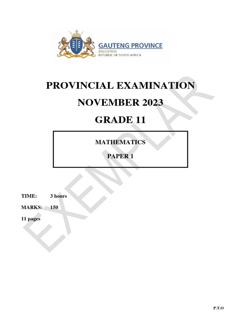 Grade 11 Provincial Examination Mathematics P1 (English) November 2023 ...