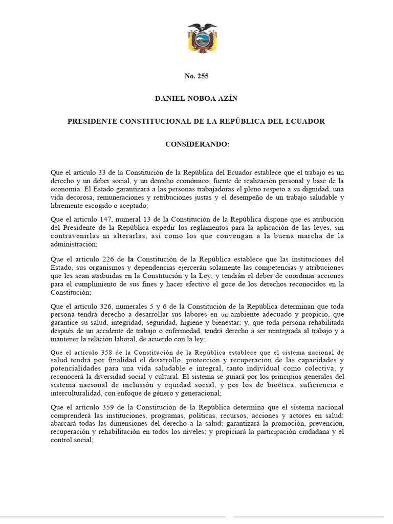 Decreto Ejecutivo No. 255 Reglamento de Seguridad y Salud en El Trabajo | Descargar gratis PDF ...