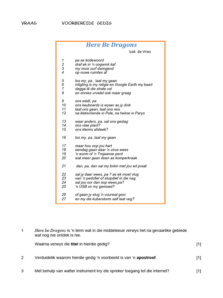 2019 GEDIG 7 Here Be The Dragons VOORBEREIDE GEDIG Vrae Memo | PDF