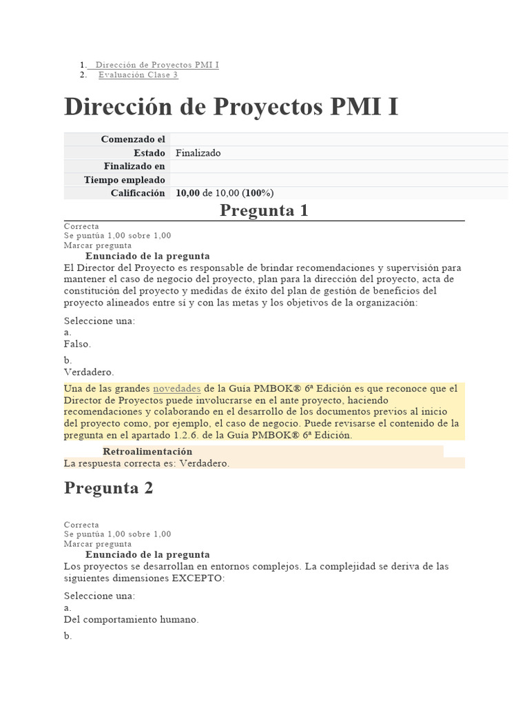 Evaluación Clase 3 Dirección de Proyectos PMI I | PDF | Liderazgo | Cognición