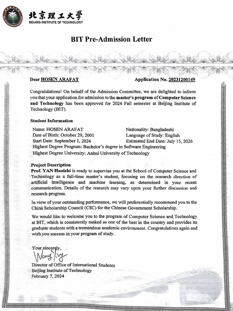 Pre-Admission Letter 20231200149 | PDF