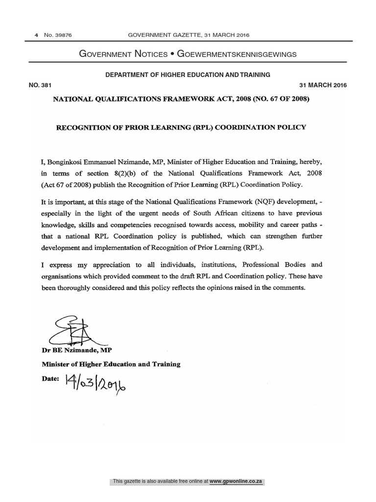 NQF Recognition of Prior Learning Coordination Policy | PDF | Policy