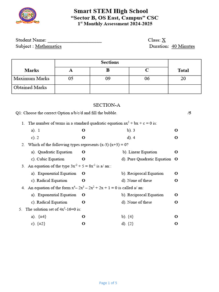 Maths 1st Assessment X Pdf Equations Quadratic Equation